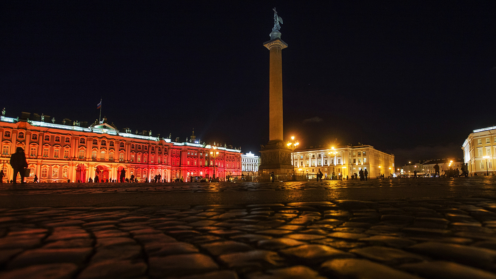 Winter Palace illuminated red in commemoration of the 1917 Revolution ...